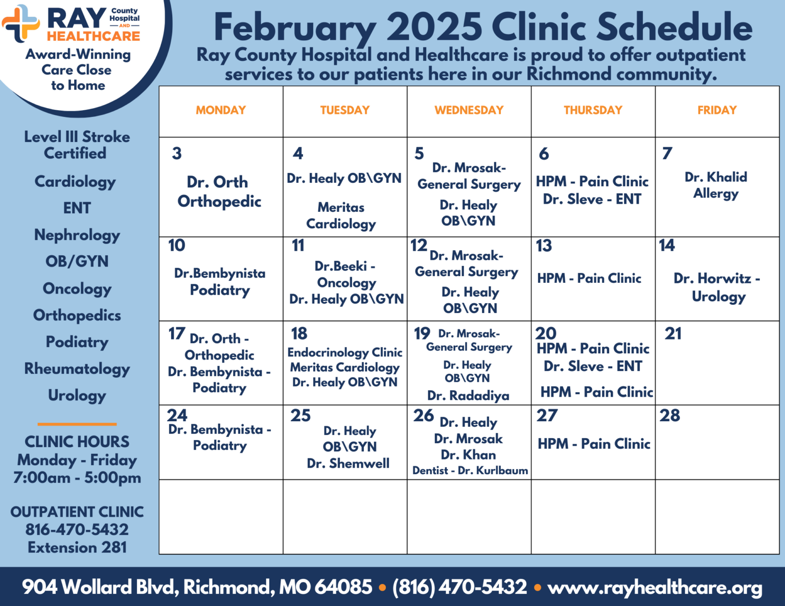 Clinic Calendar - Ray County Hospital and Healthcare